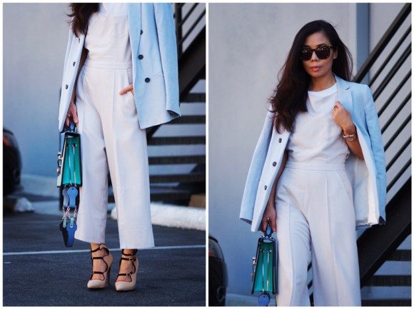 Creamy Jumpsuit and Ice Blue Blazer – HallieDaily