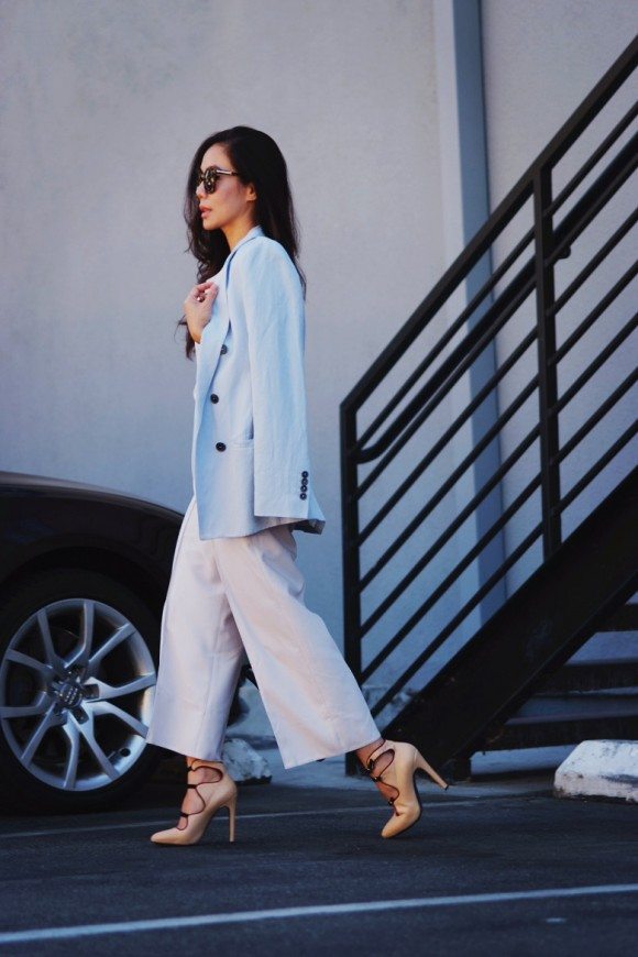 Creamy Jumpsuit and Ice Blue Blazer – HallieDaily