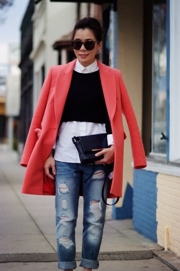 Windy Day: Distressed Jeans and Coral Wool Coat – HallieDaily