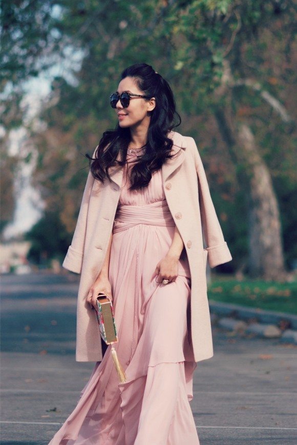 Vintage Rose: Maxi Dress and Pale Pink Coat – HallieDaily