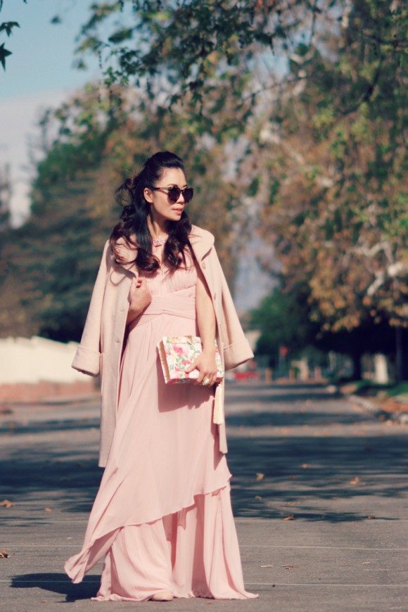 Vintage Rose: Maxi Dress and Pale Pink Coat – HallieDaily